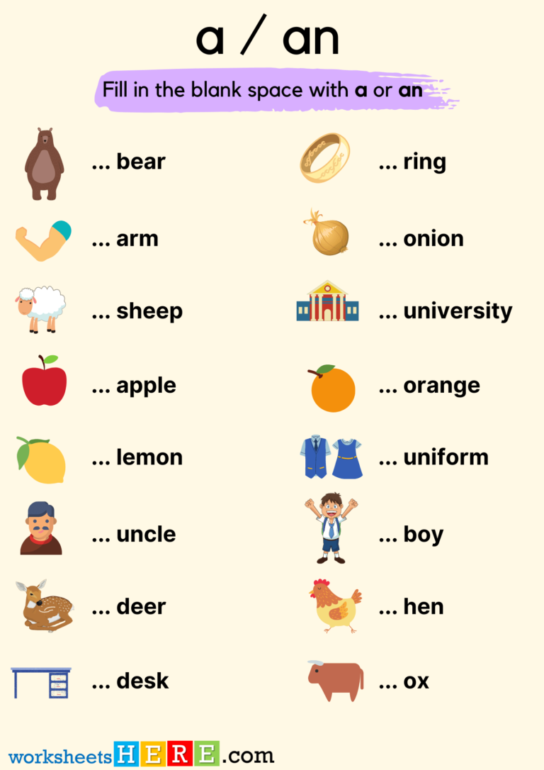 Articles A and An Worksheets Pdf Printable for Beginner, English ESL ...