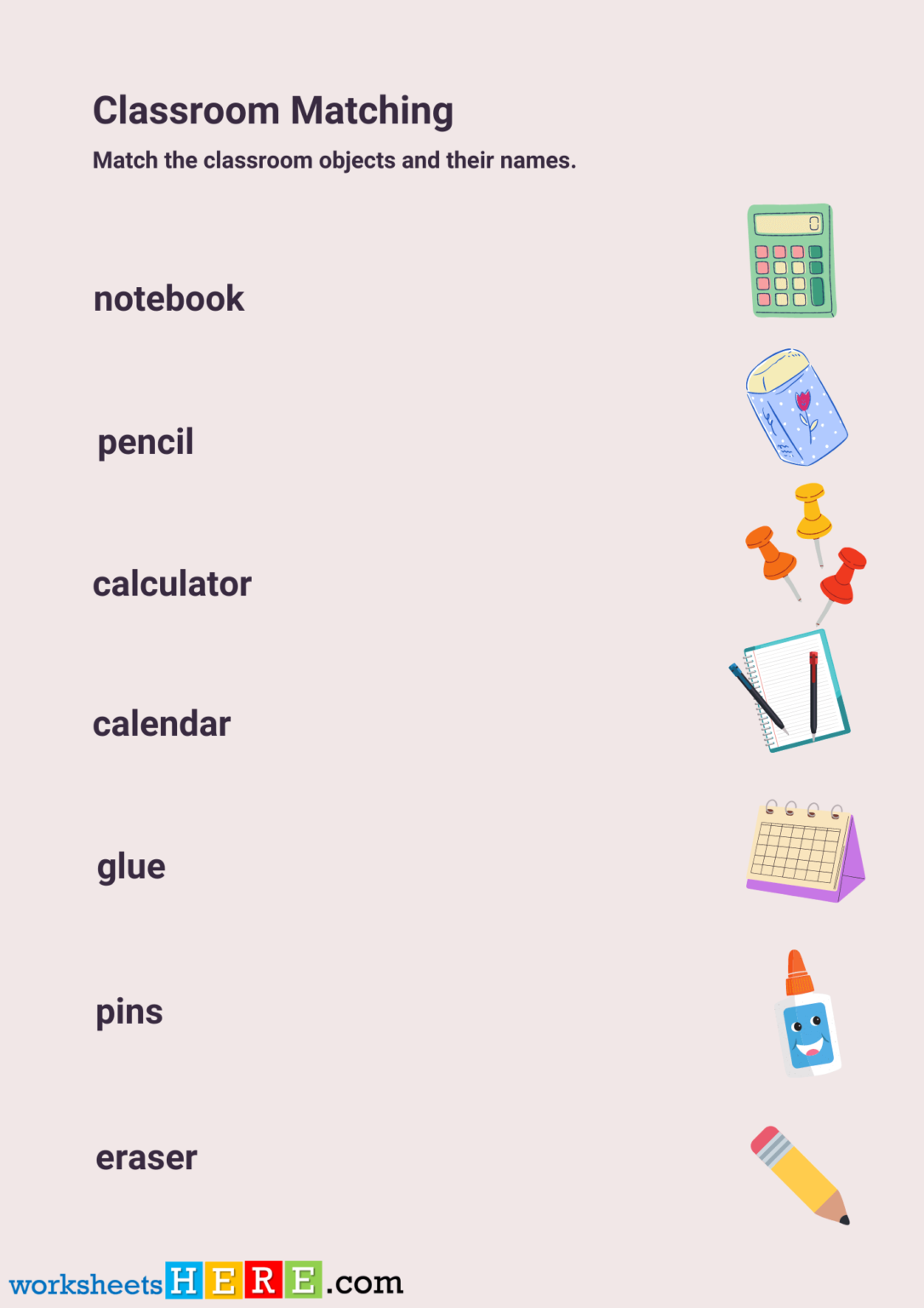 Classroom Matching Object And Word Activity Worksheets For Kids Classroom Matching Object And Word Activity Worksheets For Kids