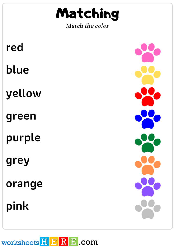 Color Words Matching with Dog Foot For Kindergarten, Matching Activity ...