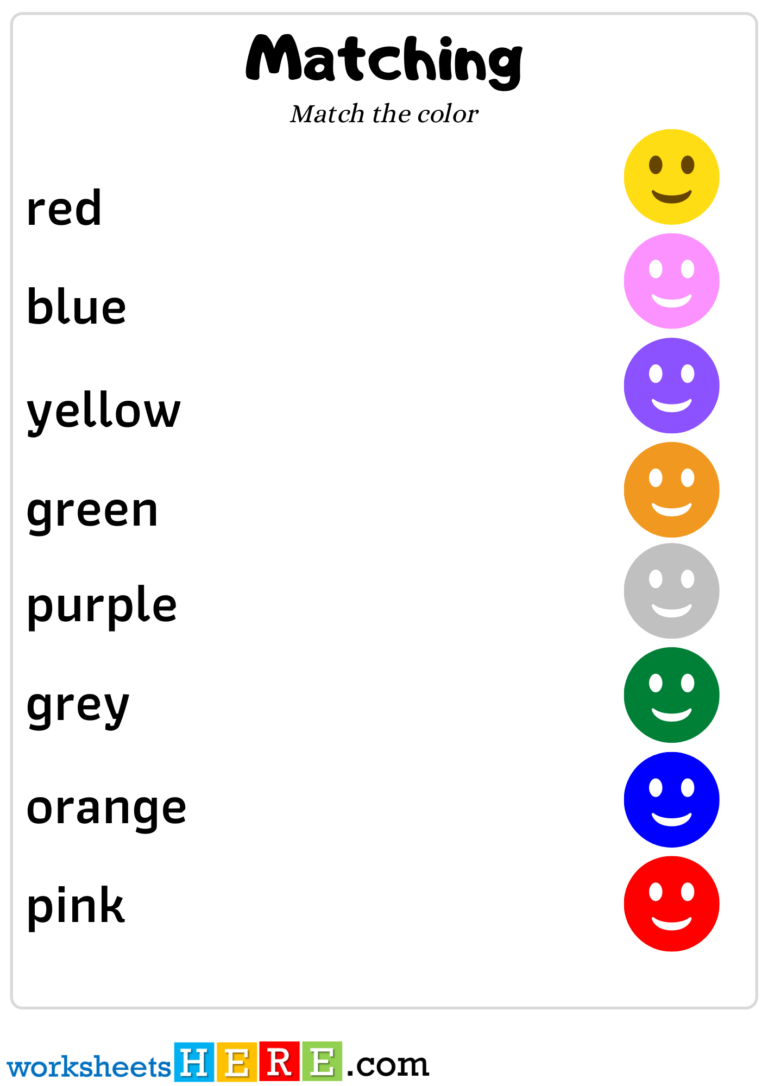 Color Words Matching with Smile For Kindergarten, Matching Activity For ...