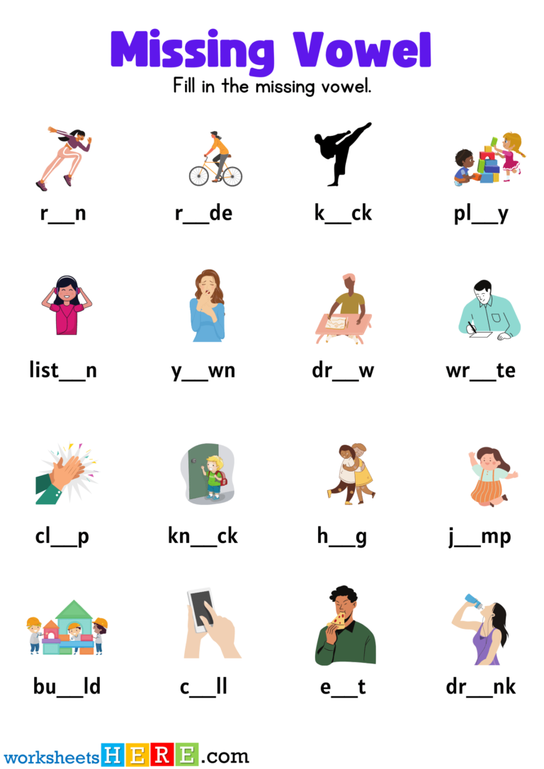 Find Missing Vowel Activity with Action Verbs, Write The Missing Vowel ...