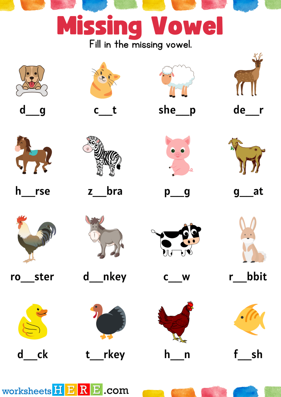 Find Missing Vowel Activity with Animals, Write the Missing Vowel ...