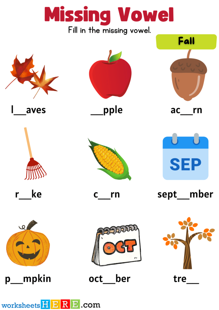 Find Missing Vowel Activity with Fall Autumn, Write The Missing Vowel ...