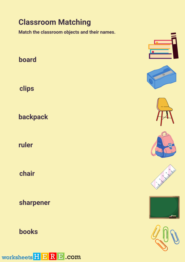 Match the Classroom Objects and Their Names Activity Worksheets For ...