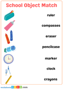 School & Classroom Object Word Matching Activity Worksheets For Kids ...