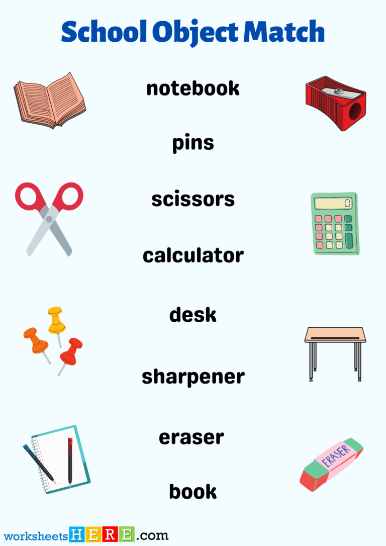 School Object Matching Activity For Kindergarten Pdf Worksheet ...