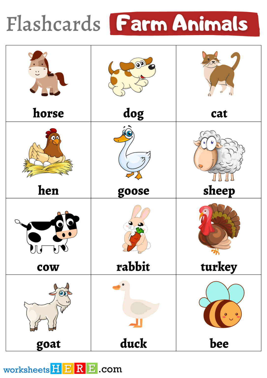 24 Farm Animals Names with Pictures Flashcards Worksheet, Pdf ...