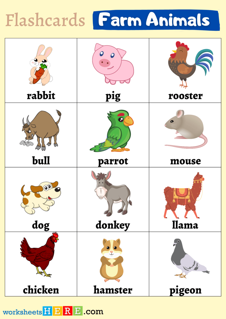 24 Farm Animals Names with Pictures Flashcards Worksheet, Pdf ...