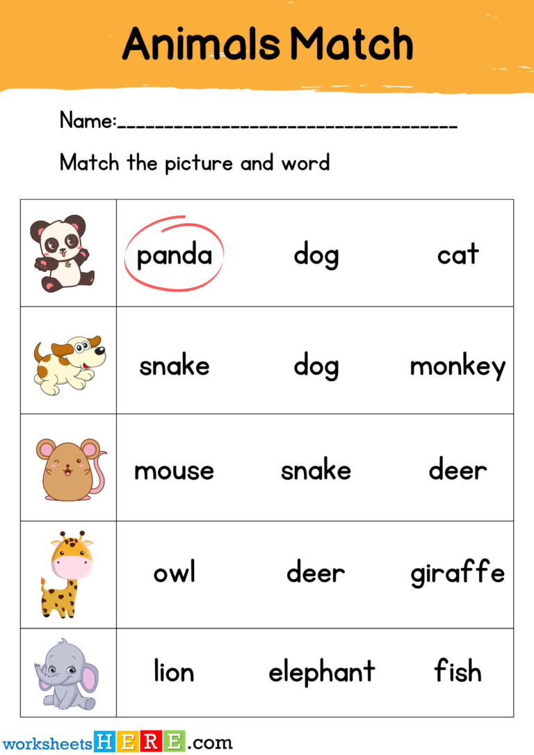 Animals Names Match with Pictures Activity PDF Worksheet For Kids and ...