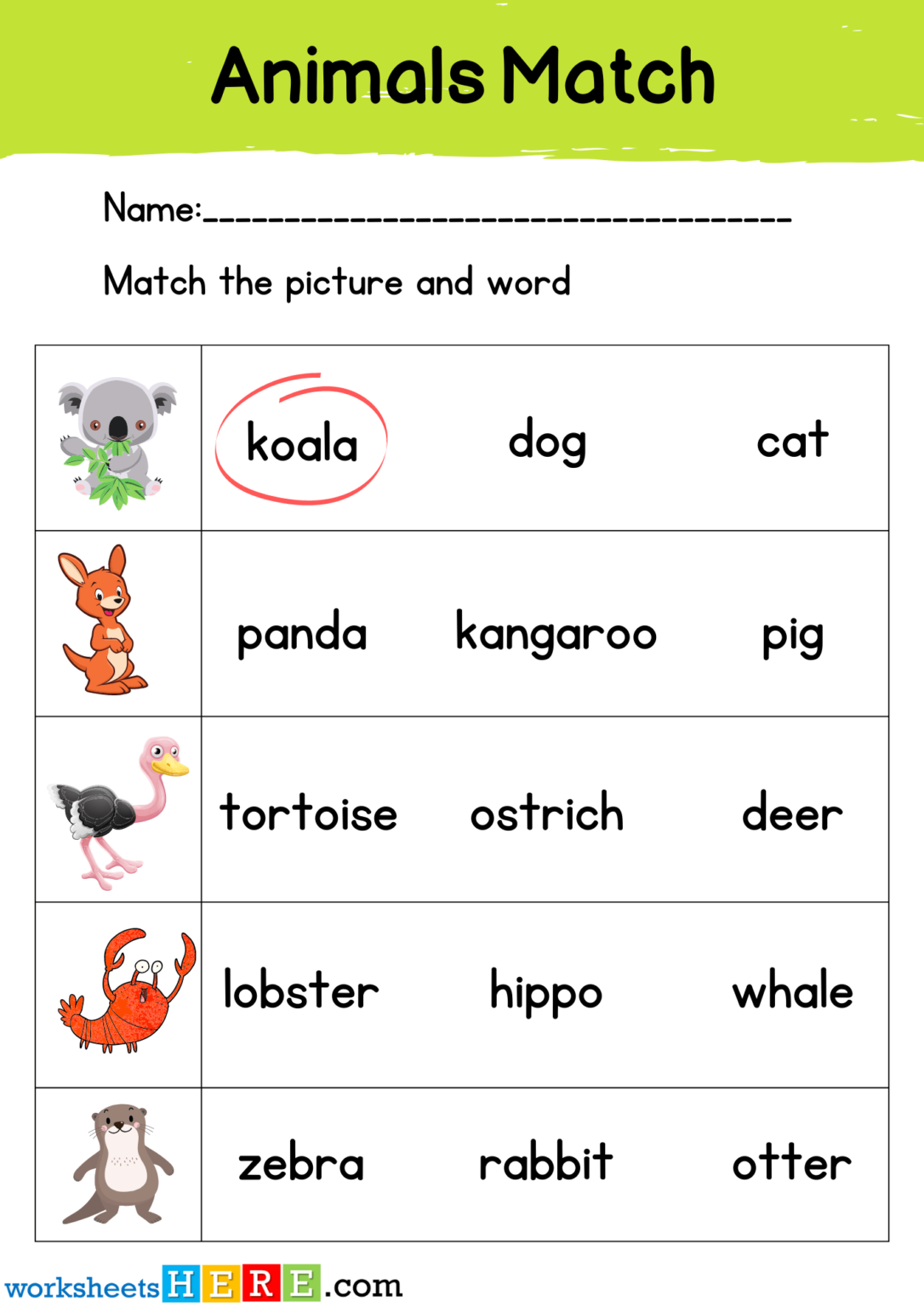 Animals Names Match with Pictures Activity PDF Worksheet For Students ...