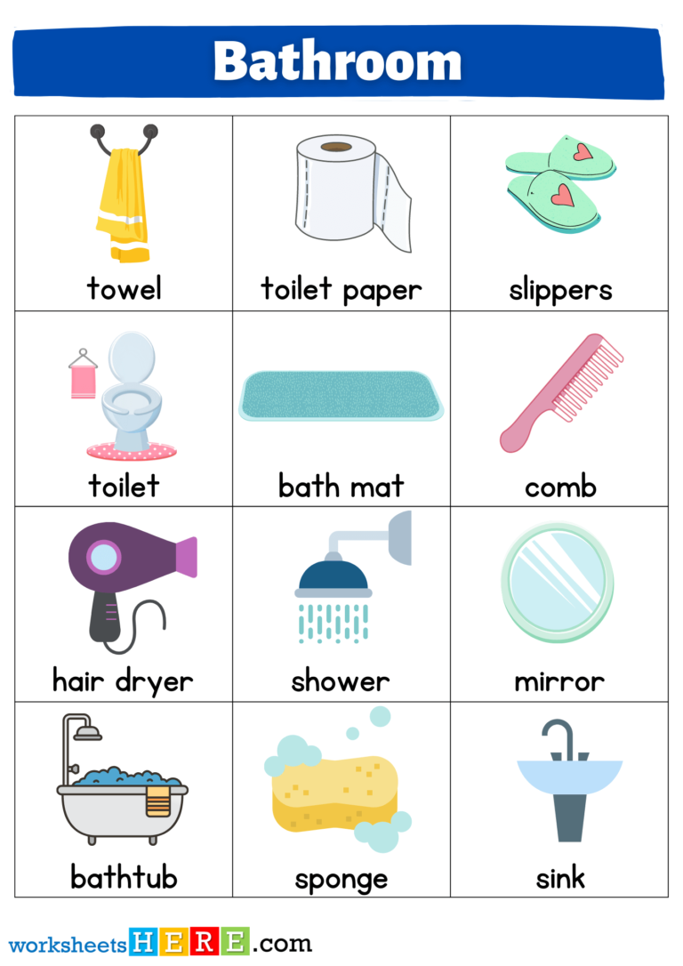 +20 Bathroom Objects Names with Pictures Flashcards PDF Worksheets For ...