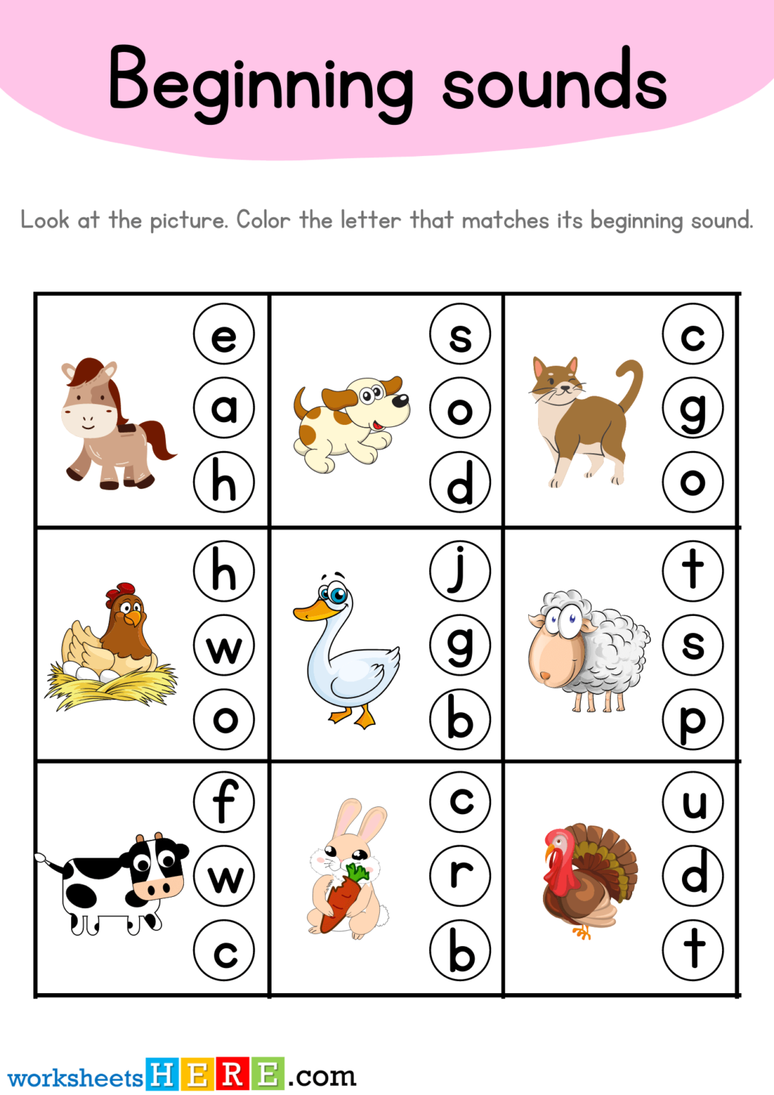 Beginning Sounds PDF Worksheet with Farm Animals, Starting Sound ...