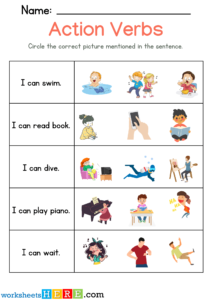Circle Action Verbs Pictures with Related Sentences Pdf Worksheet For ...