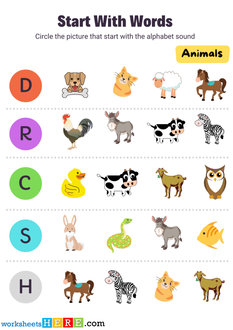 Circle Start With Words Activity About Animals Names, Pdf Worksheets ...