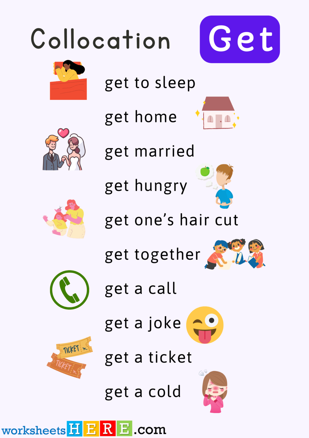 Collocations with Get Phrases with Pictures PDF Worksheet For Students ...