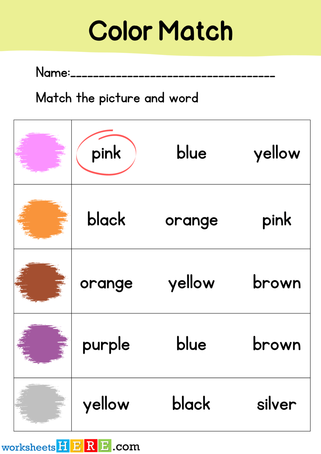 Colors Names Match with Pictures Activity PDF Worksheet For Kids and ...