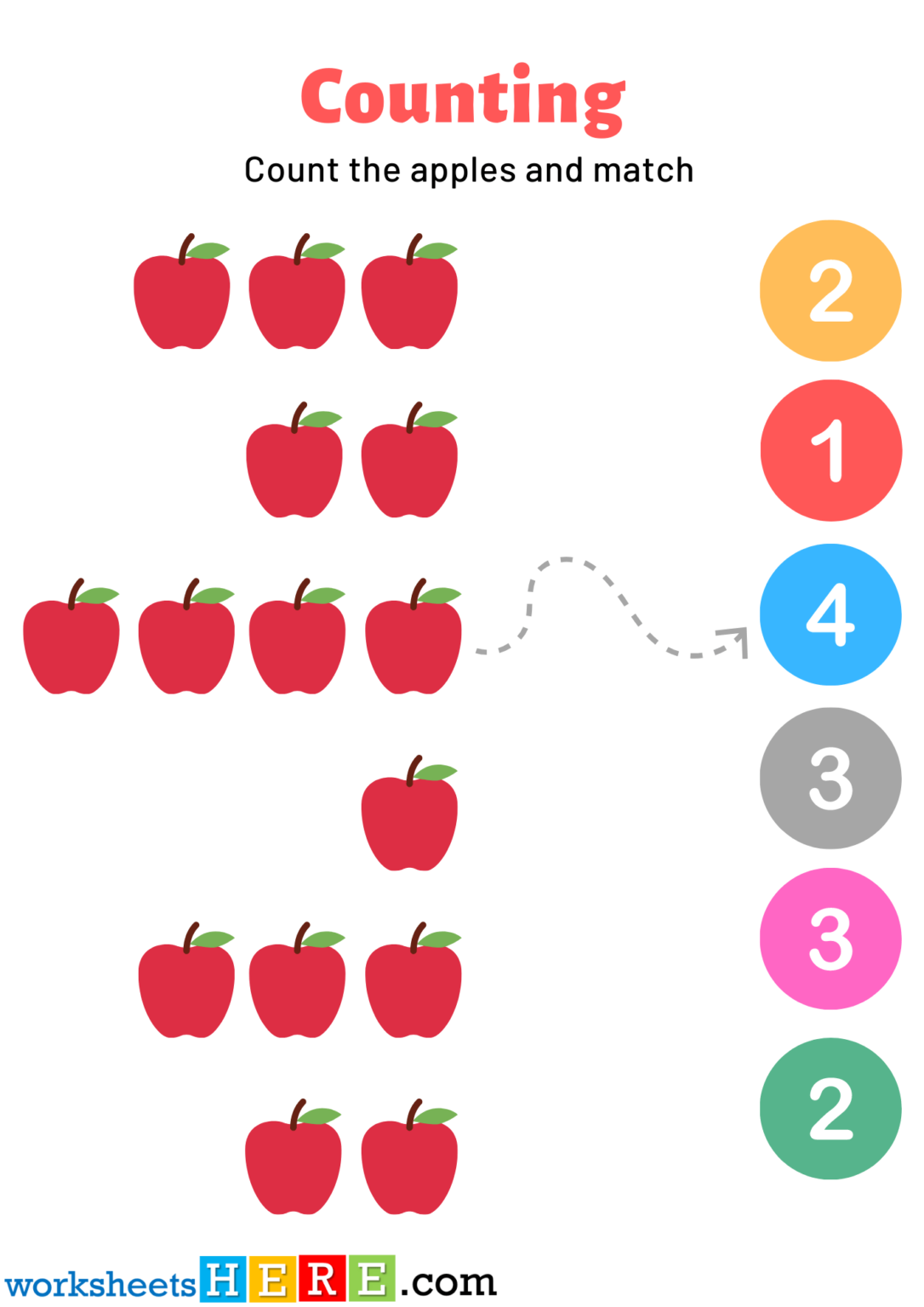 Count Apples and Match, Counting Pdf Worksheets for Kindergarten ...
