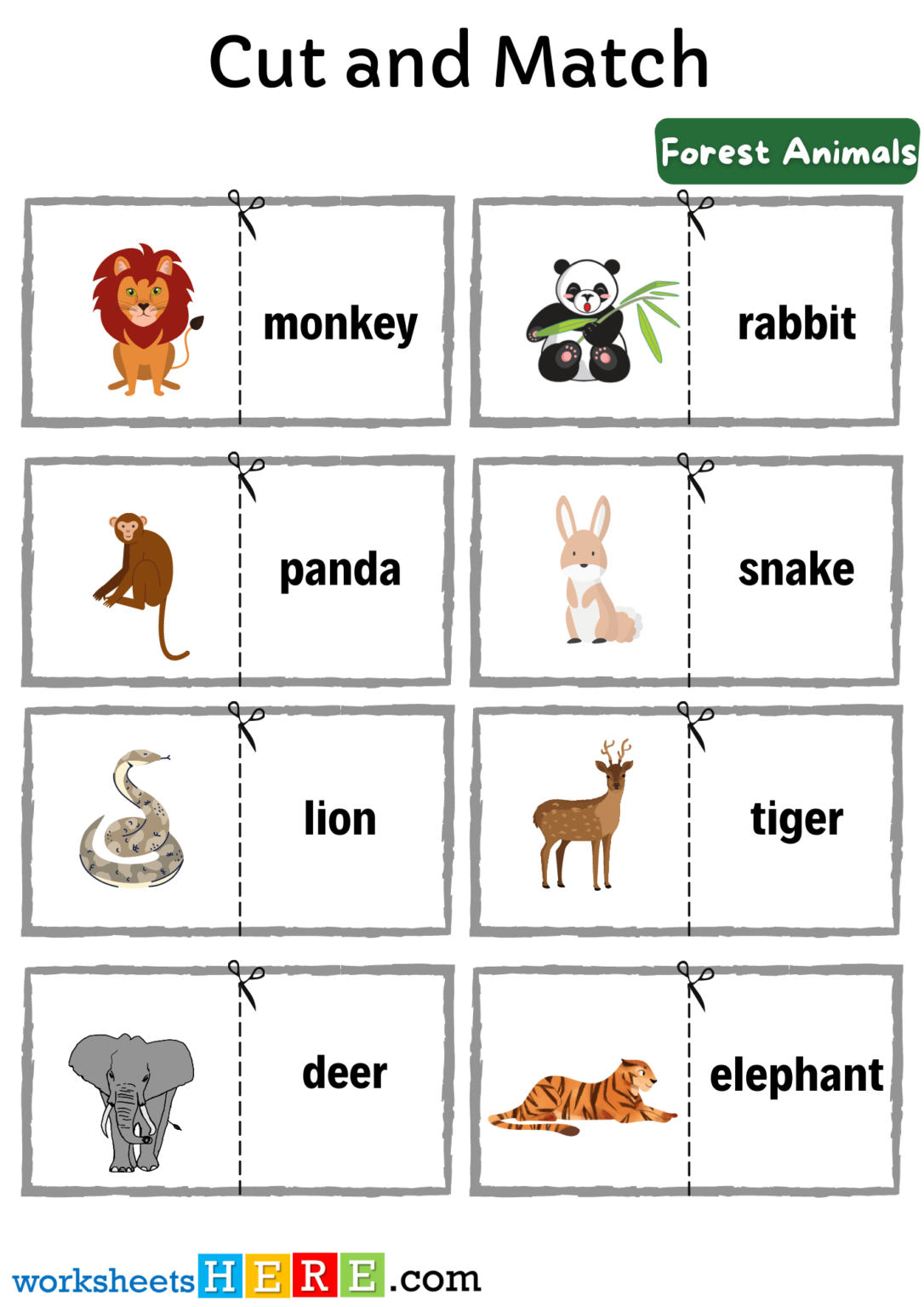 Cut and Match Forest Animals Words with Pictures Activity Worksheets ...