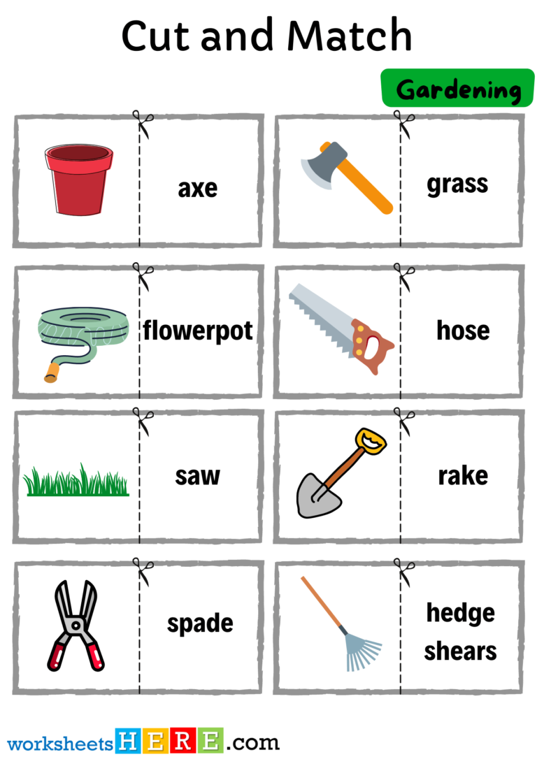 Cut and Match Gardening Tools Names with Pictures Activity Worksheets ...