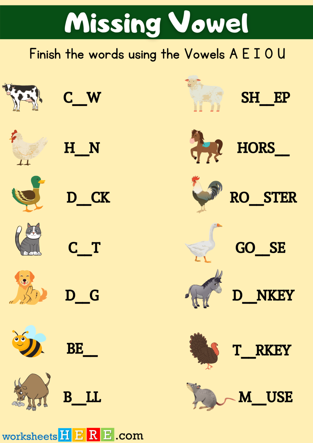 Find Missing Vowel Activity with Farm Animals For Kids, Write the ...