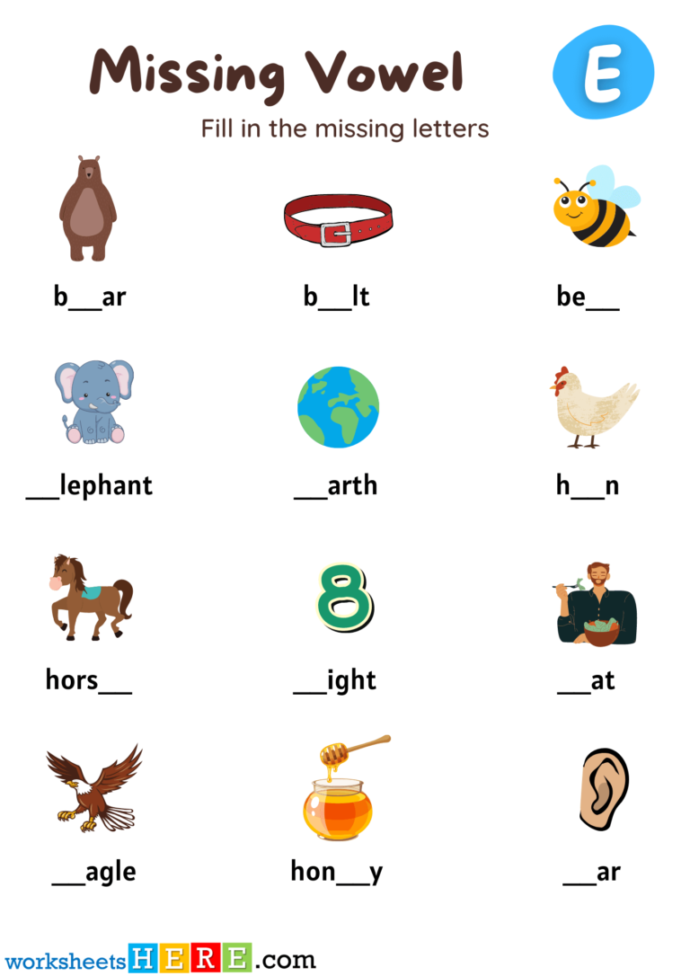 Find Missing Vowel Activity with Letter E, Write the Missing Vowel ...