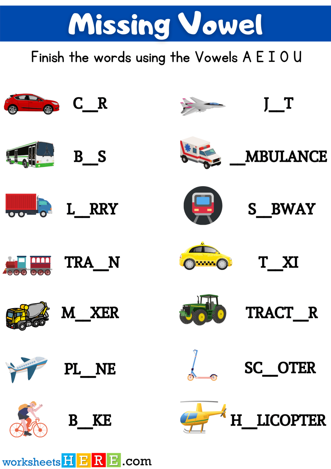 Find Missing Vowel Activity with Transportation For Kids, Write the ...