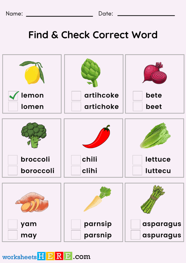 Find and Check Correct Word with Vegetables Names and Pictures PDF ...