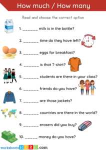 How much or How many Exercises and Answers with Pictures Examples PDF ...