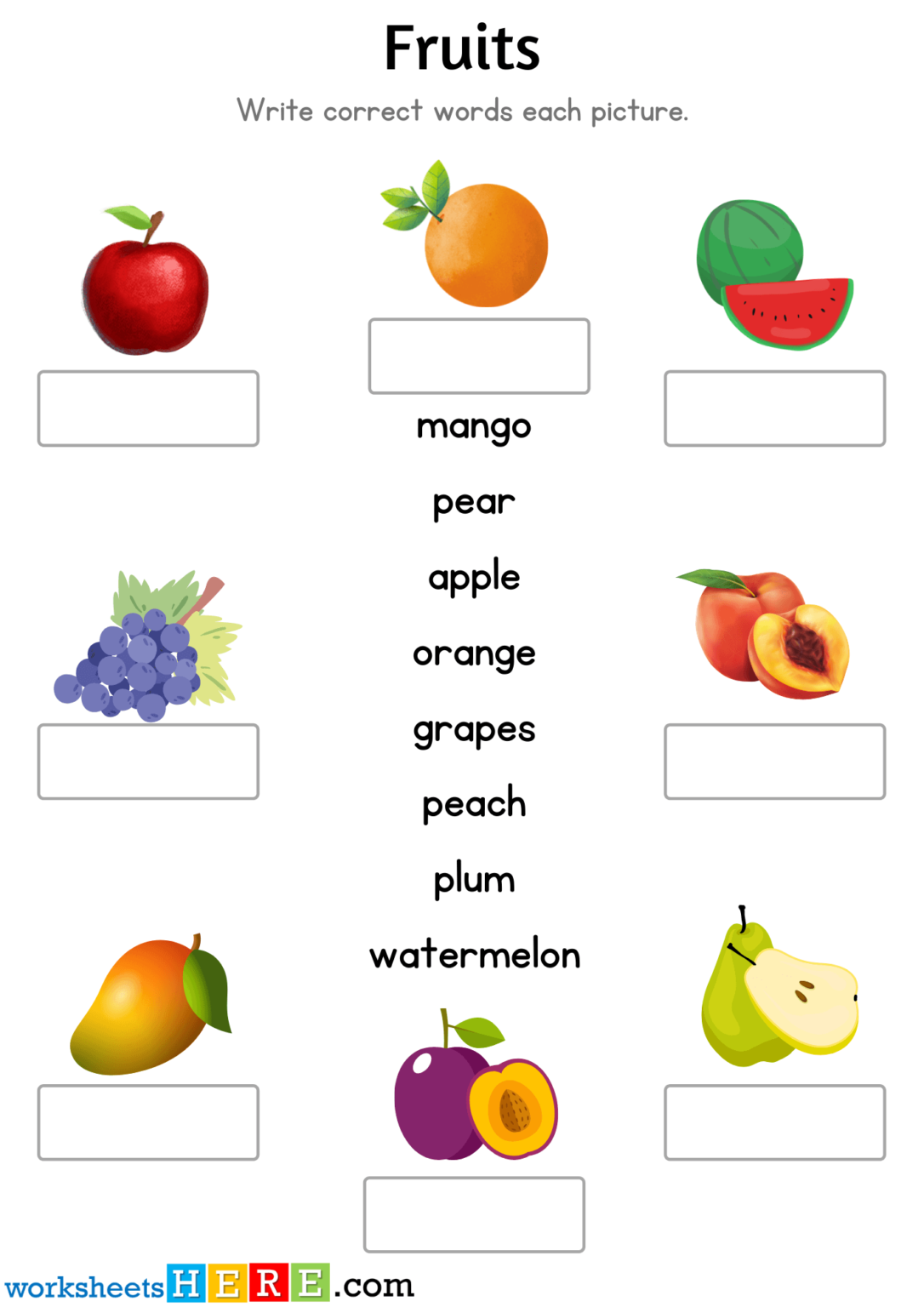 Look at The Picture and Write Correct Fruit Names PDF Worksheet For ...