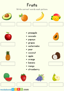 Look at The Picture and Write Correct Fruit Names PDF Worksheet For ...