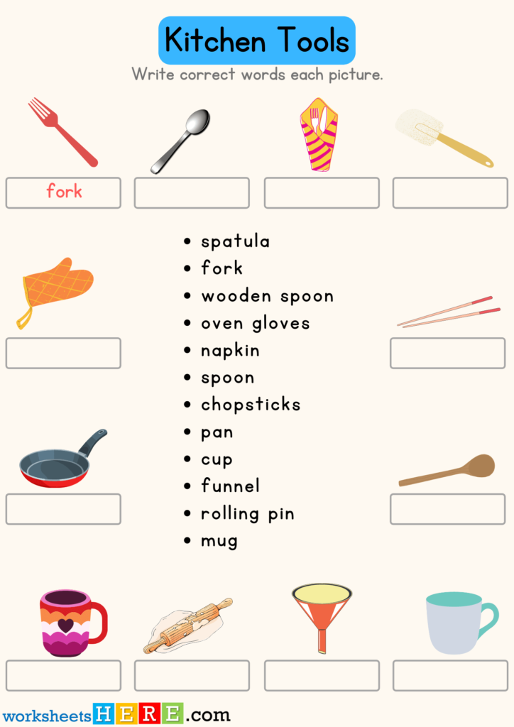 Look at The Picture and Write Correct Kitchen Tools Names PDF Worksheet ...