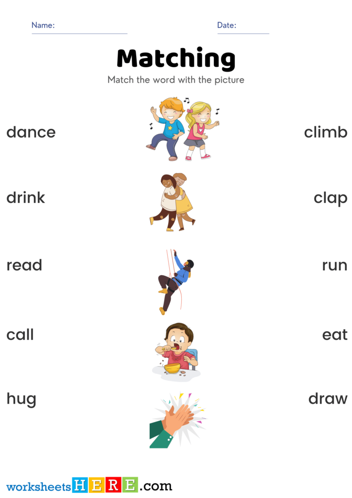 Match Action Verbs Pictures and Names Activity PDF Worksheets For Kids ...