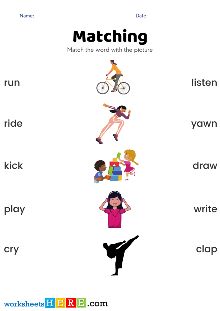 Match Action Verbs Pictures and Names Activity PDF Worksheets For ...