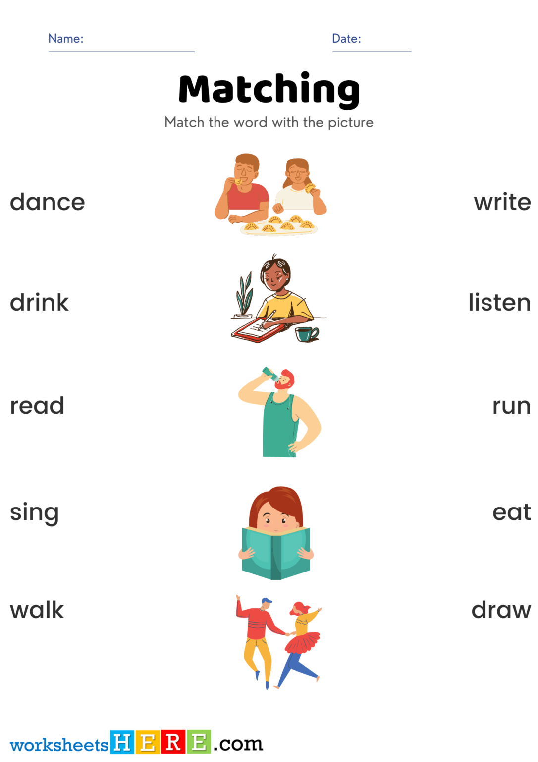 Match Action Verbs Pictures and Names Activity PDF Worksheets For ...