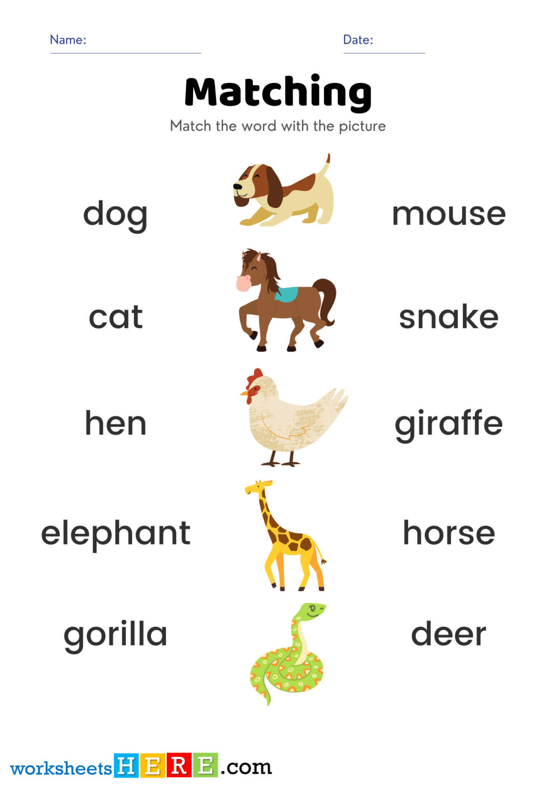 Match Animals Pictures and Names Activity PDF Worksheets For Kids ...