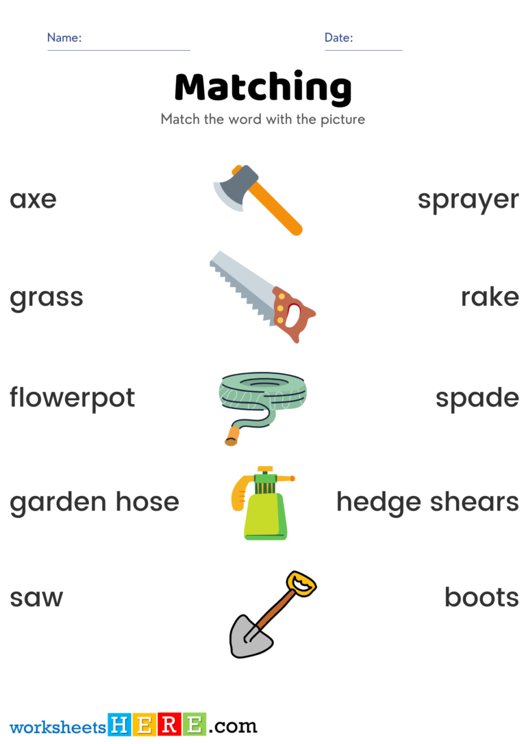 Match Gardening Tools Pictures and Names Activity PDF Worksheets For ...
