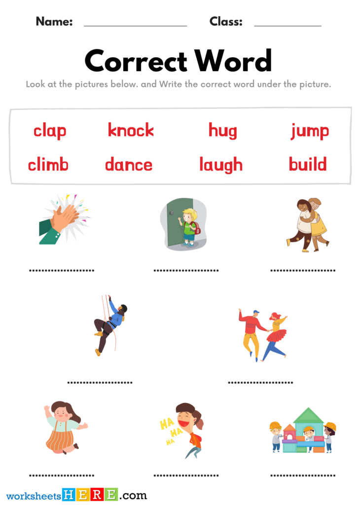Matching Correct Words With Action Verbs Pictures PDF Worksheets For ...