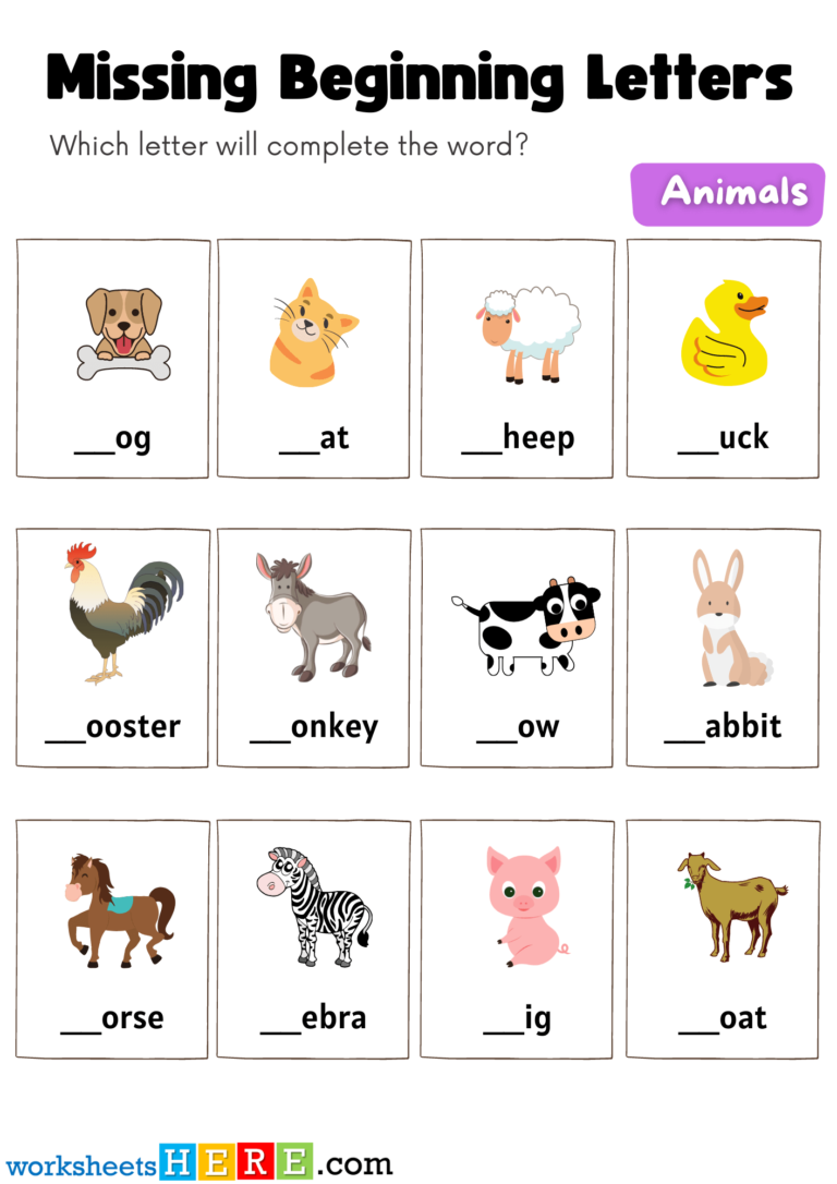 Missing Beginning Letters Activity with Animals Names, Free ...