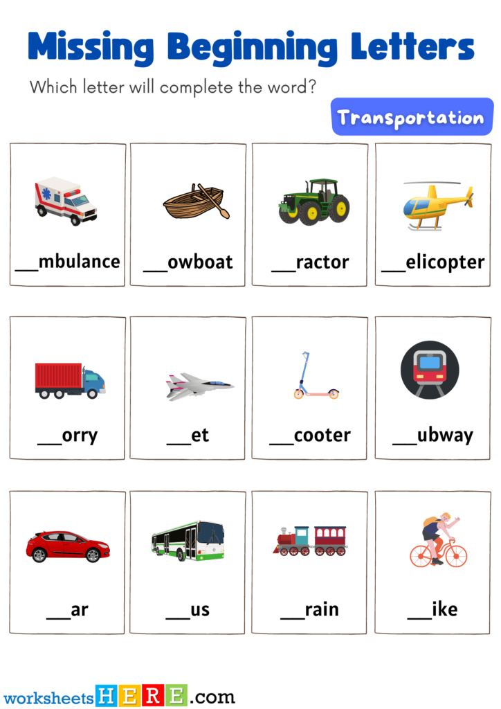 Missing Beginning Letters Activity with Transportation, Free Kids Pdf ...