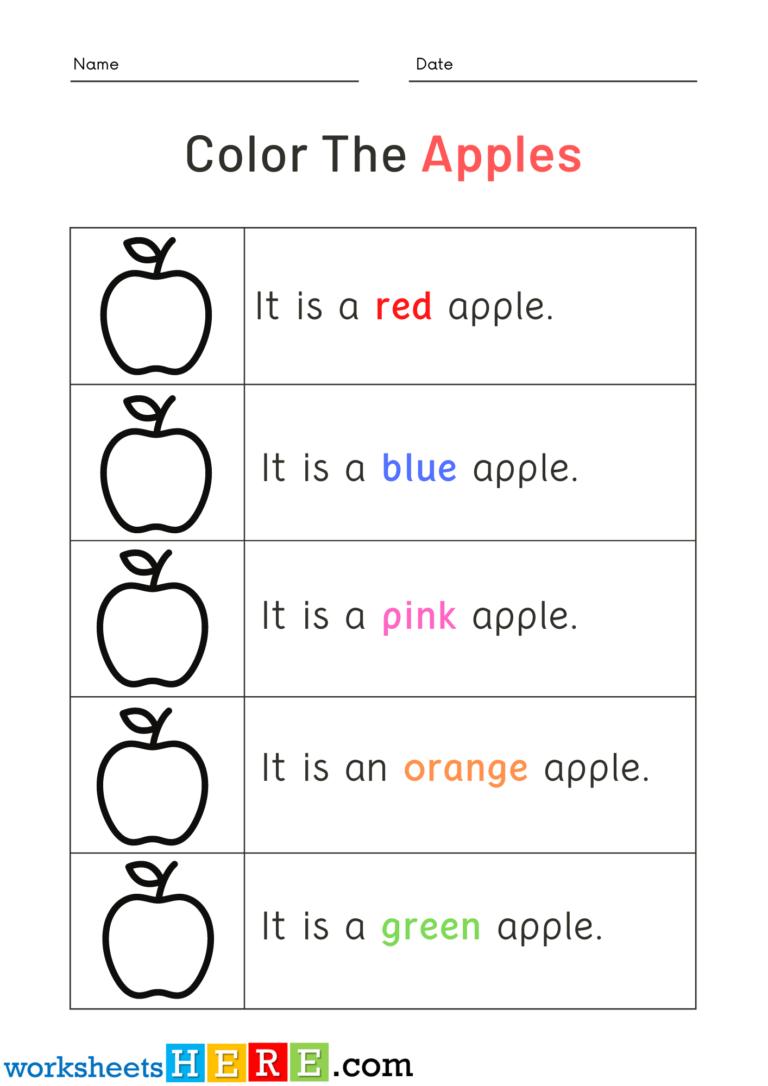 Read Words and Color Apples Pictures Activity PDF Worksheets For ...
