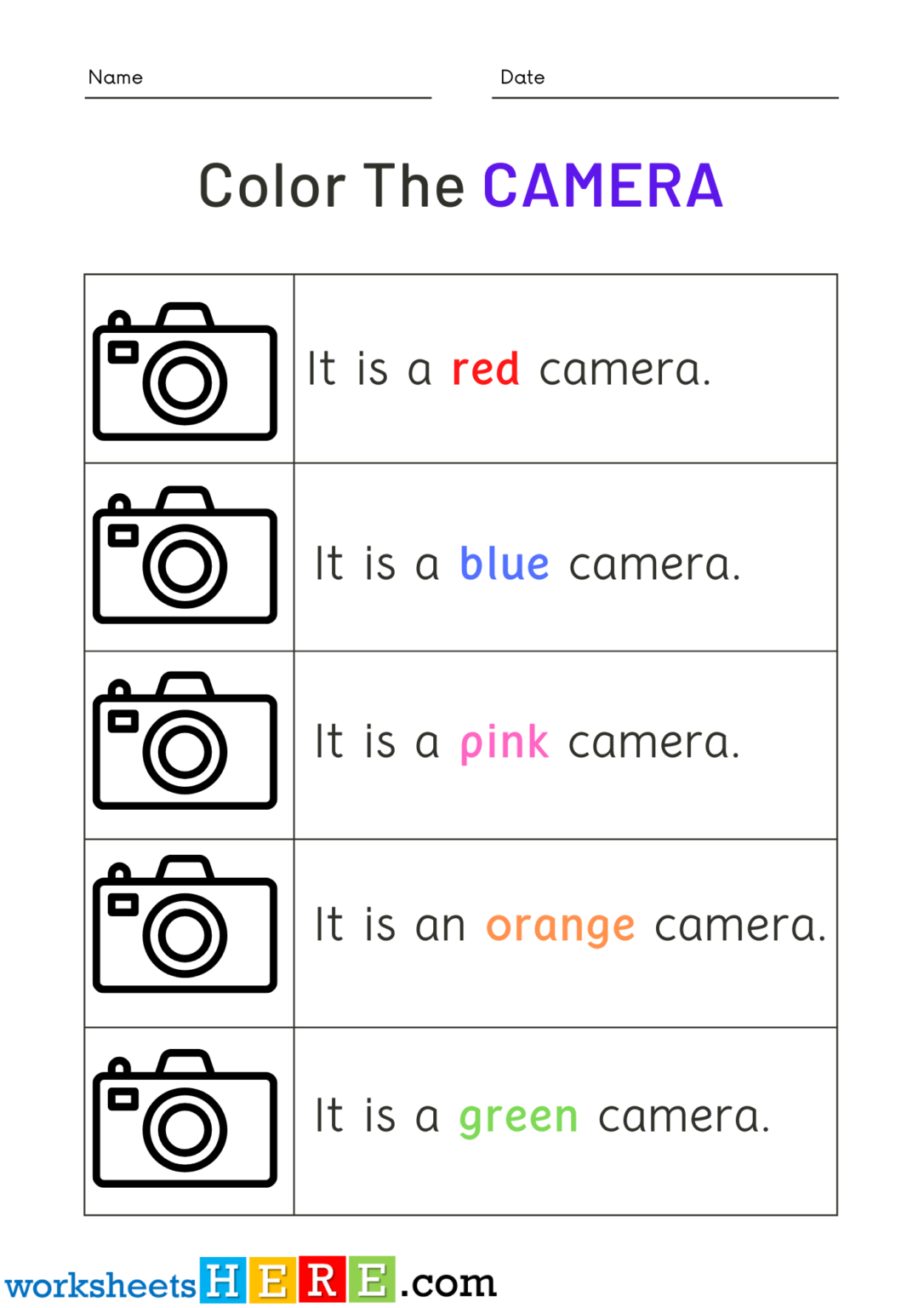 Read Words and Color Camera Pictures Activity PDF Worksheets For ...