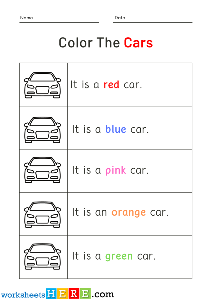 Read Words and Color Car Pictures Activity PDF Worksheets For ...