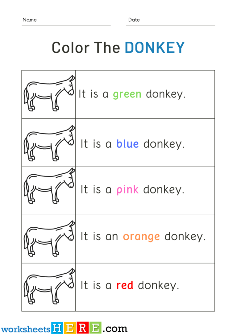 Read Words and Color Donkey Pictures Activity PDF Worksheets For ...