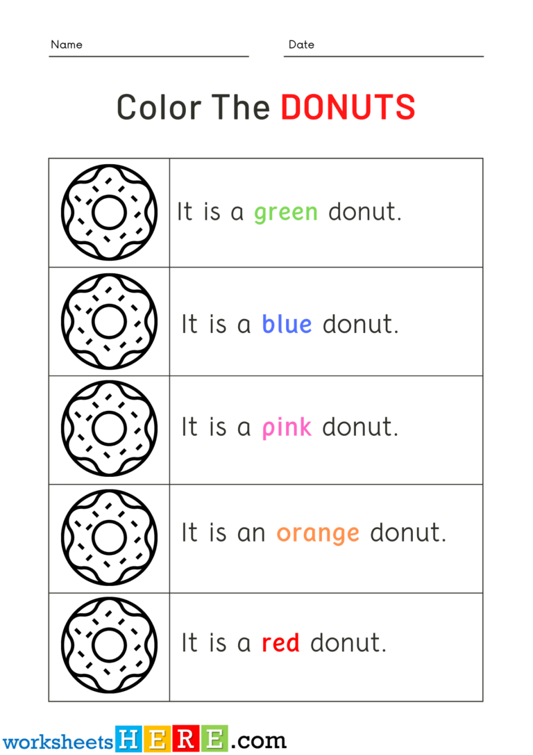 Read Words and Color Donuts Pictures Activity PDF Worksheets For ...