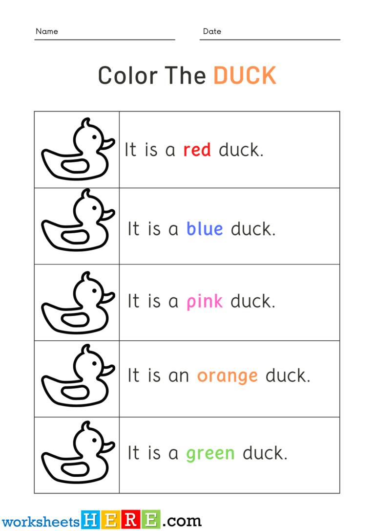 Read Words and Color Duck Pictures Activity PDF Worksheets For ...