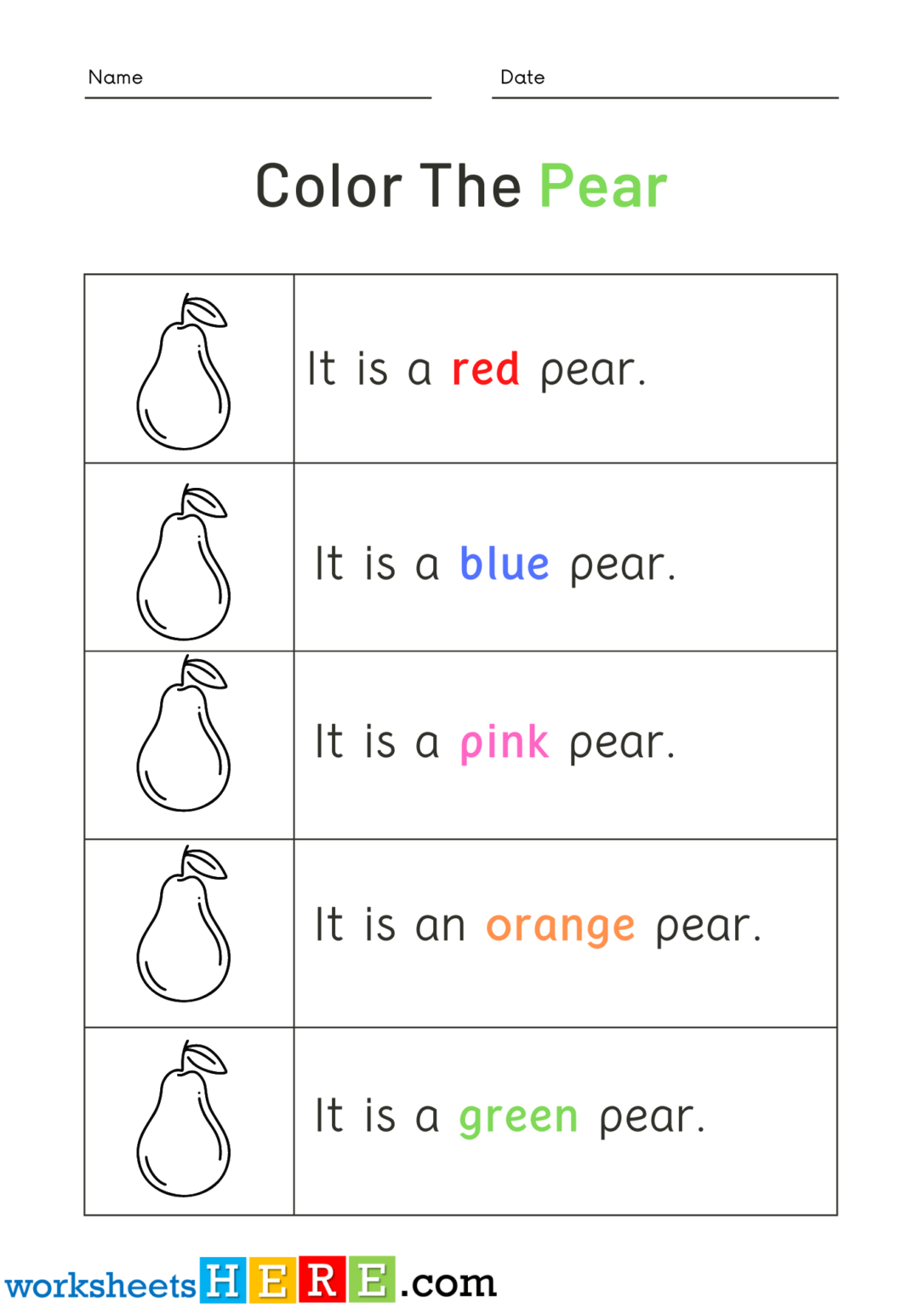Read Words and Color Pears Pictures Activity PDF Worksheets For ...