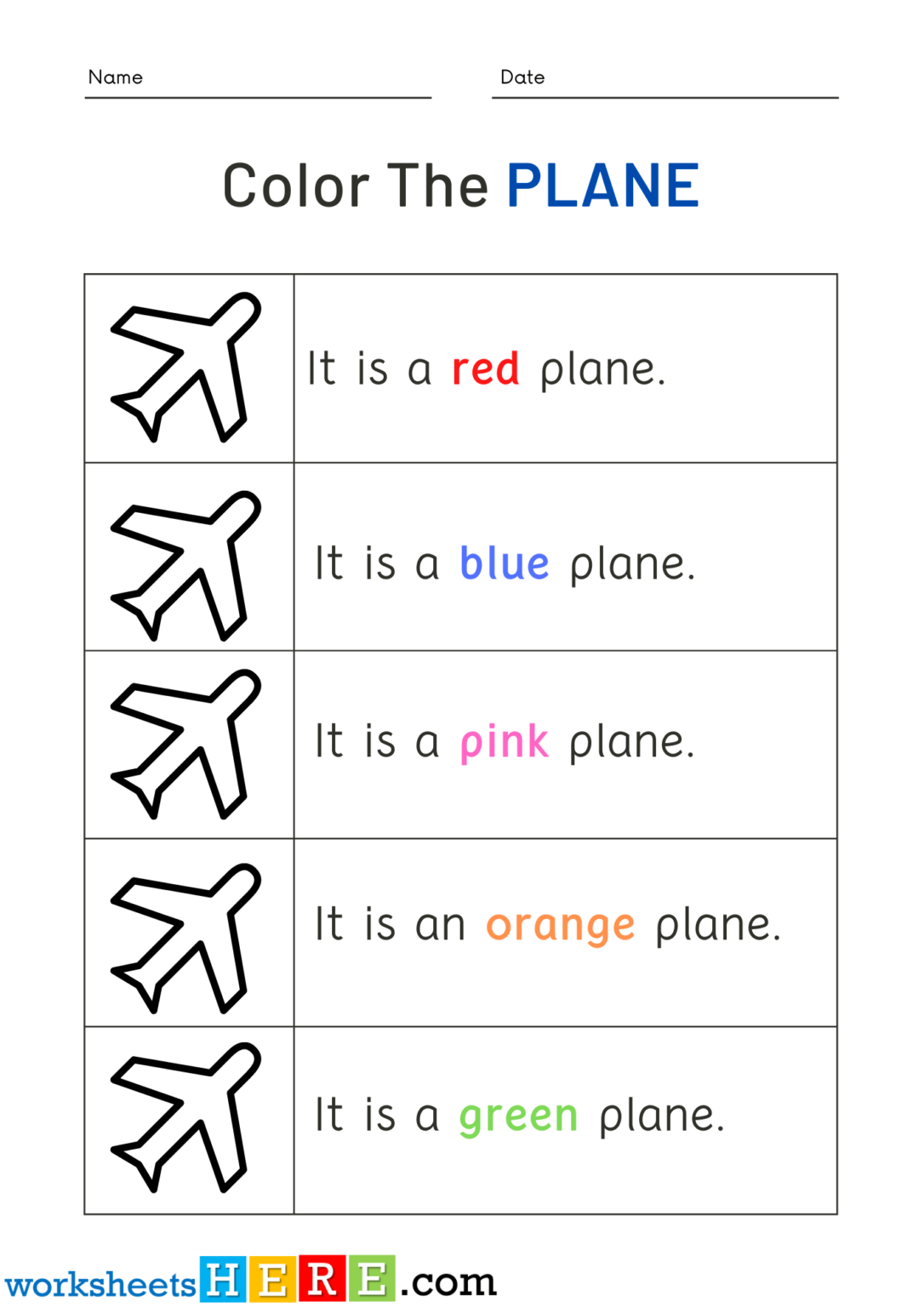 Read Words and Color Plane Pictures Activity PDF Worksheets For ...