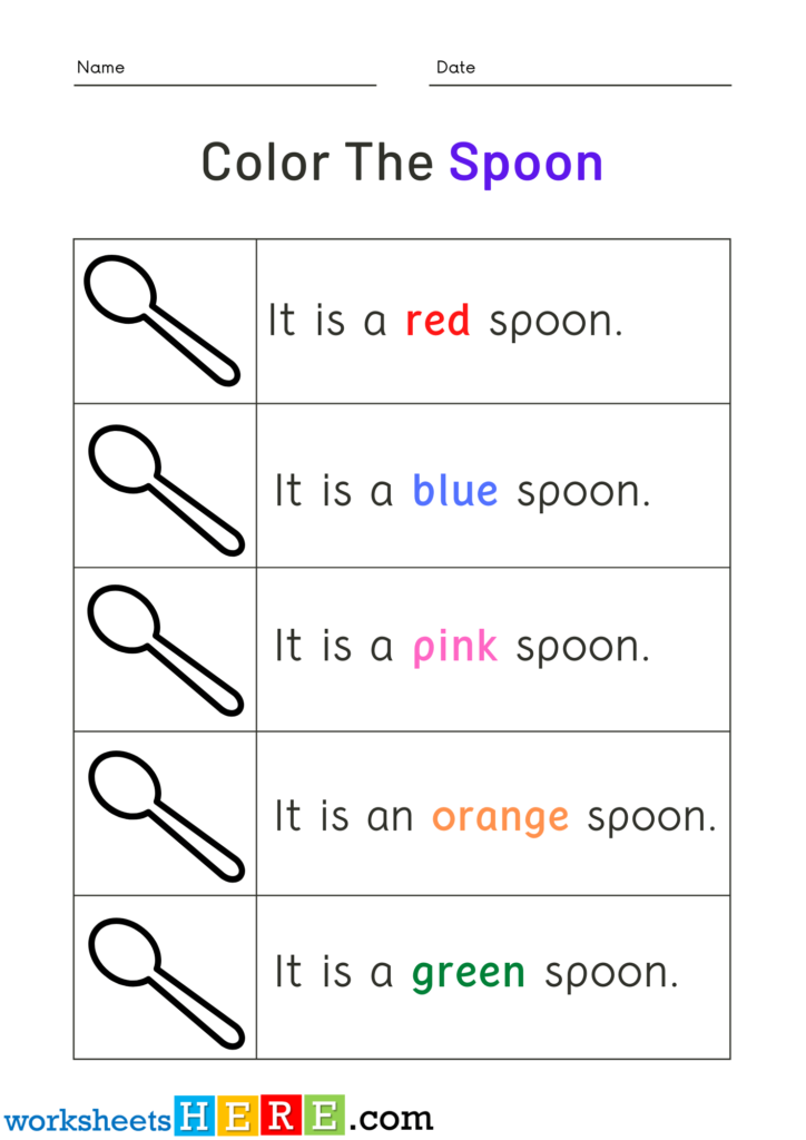 Read Words and Color Spoon Pictures Activity PDF Worksheets For ...