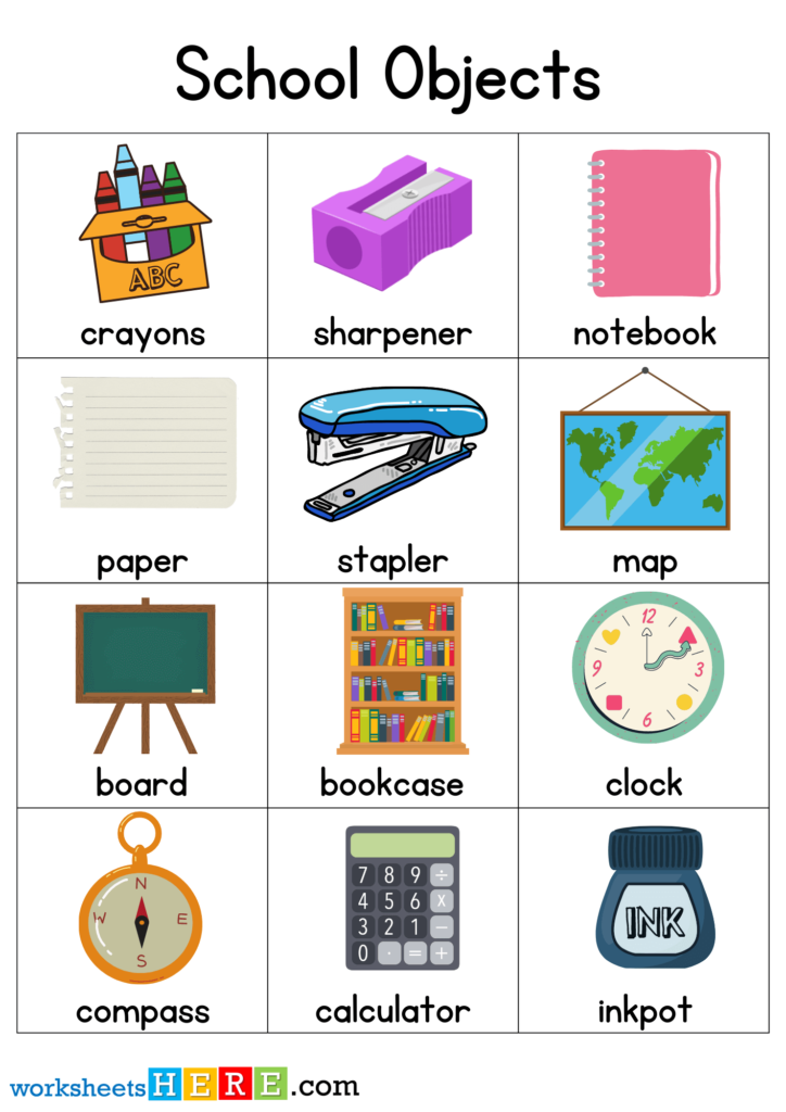 +35 School Classroom Objects Flashcards with Pictures Worksheets For ...