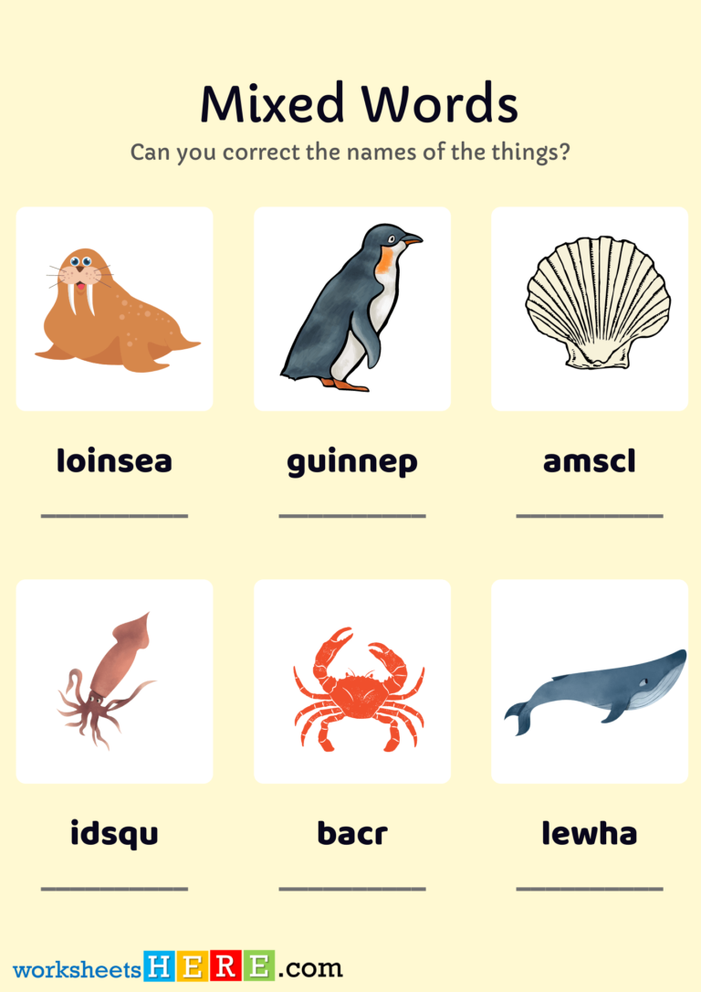 Sea Animal Scramble Word Find Pdf Worksheets with Pictures, Unscramble ...